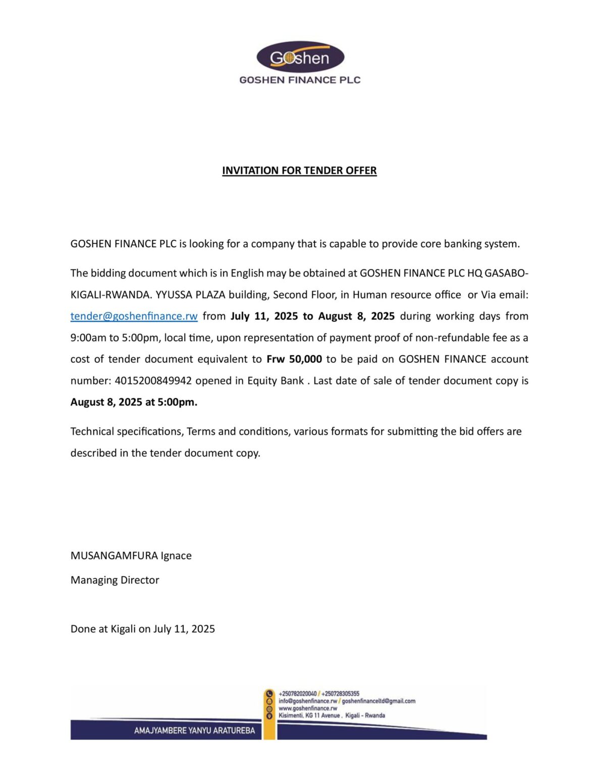 GOSHEN FINANCE PLC Rwanda - INVITATION FOR TENDER OFFER - KT PRESS