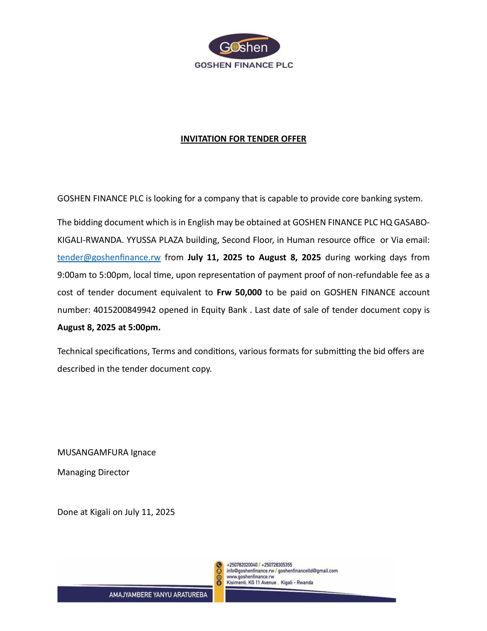 GOSHEN FINANCE PLC Rwanda – INVITATION FOR TENDER OFFER – KT PRESS